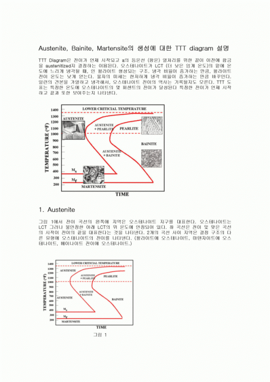 Austenite, Bainite, Martensite의 생성에 대한 TTT diagram 설명