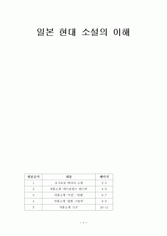 일본 현대 소설의 이해 - 요시모토 바나나(吉本ばなな)와 작품 ‘하드보일드 하드럭, ‘키친’, ‘만월’, ‘달빛 그림자’, ‘N.P’ 분석