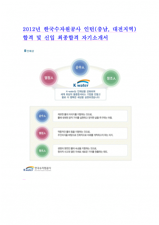2013년 한국수자원공사 신입사원 및 인턴 합격자기소개서