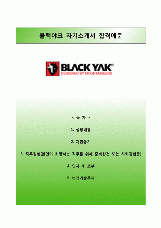 『자기소개서』 [블랙야크(BLACK YAK) 합격 자기소개서] 블랙야크 우수자소서 + 면접예상문제 [블랙야크자기소개서블랙야크자소서] BEST 이력서 리포트 Resume 샘플