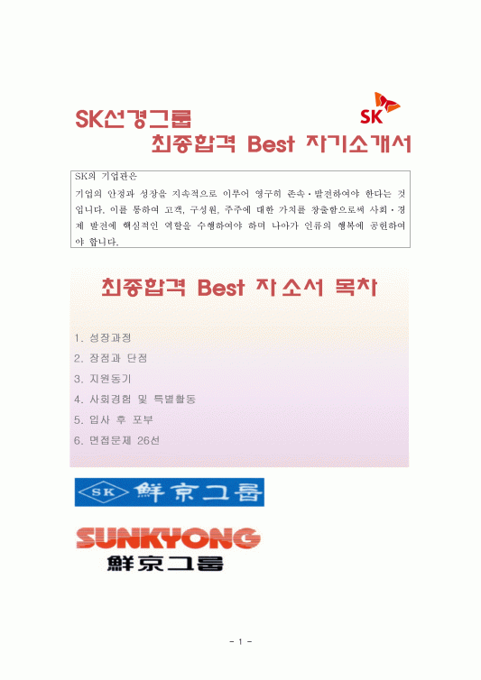 SK 선경그룹 최종합격 BEST 자기소개서 자소서 이력서 합격 레포트