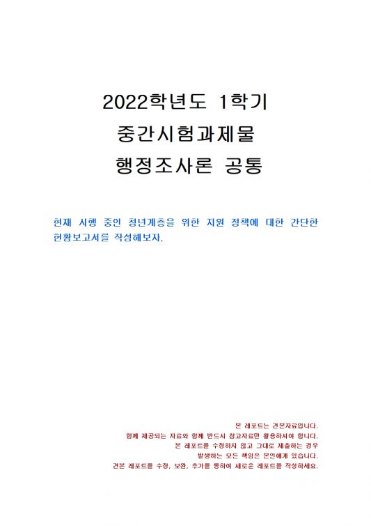 2022년 1학기 행정조사론 중간시험과제물 공통(청년계층을 위한 지원 정책)