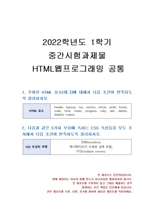 2022년 1학기 HTML웹프로그래밍 중간시험과제물 공통(HTML 요소, CSS 속성)