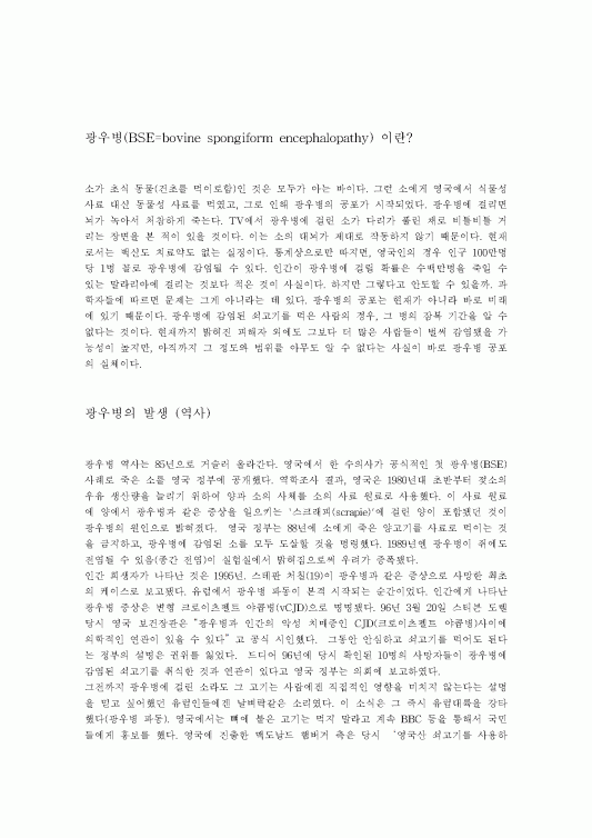 광우병(BSE=bovine spongiform encephalopathy) 이란