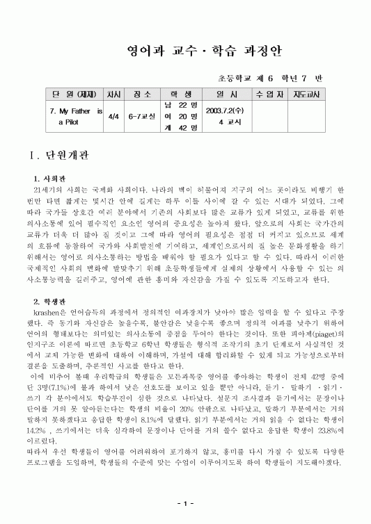 초등 6학년 영어 7. My father is a pilot 지도안 세안