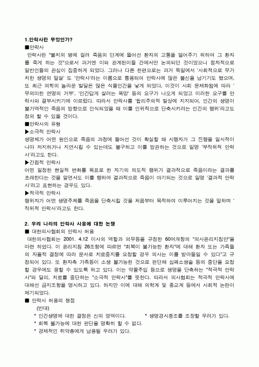 안락사의 종류와 찬반의견
