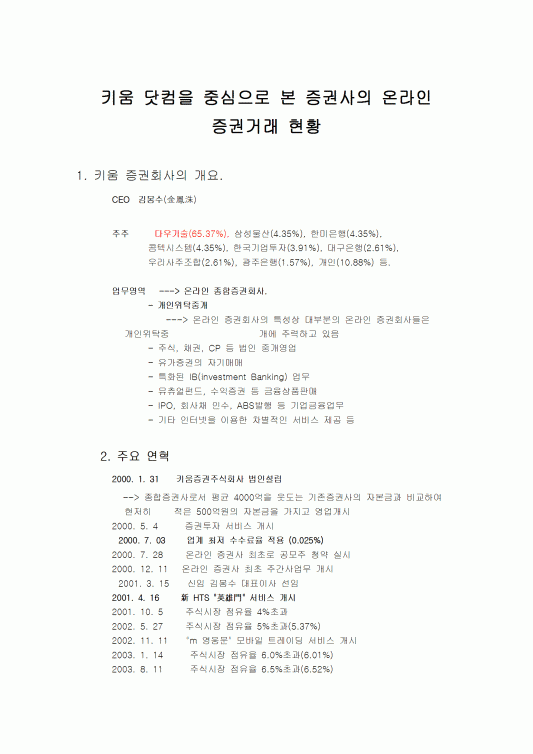 키움닷컴 증권회사를 통하여 살펴본 온라인 증권거래 현황