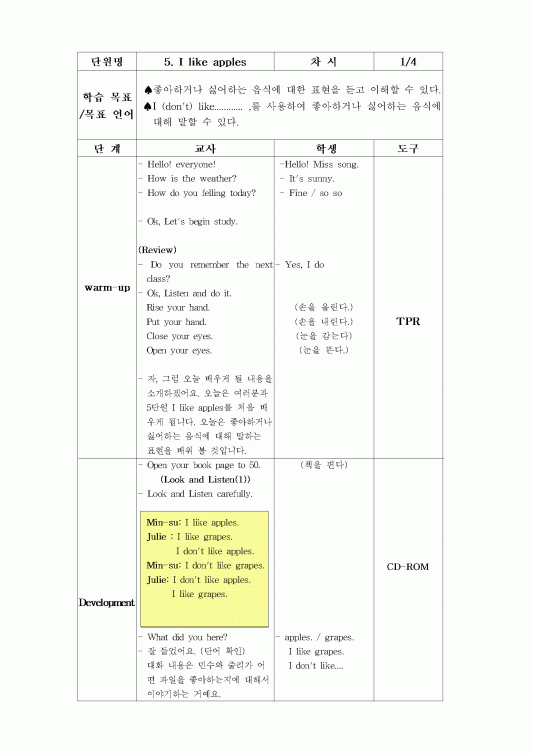 초3 영어 5 단원. I like apples. 지도안