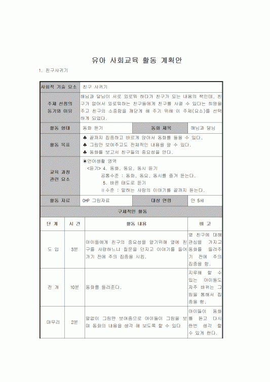 유아사회교육 활동계획안 모음자료 (8종류)