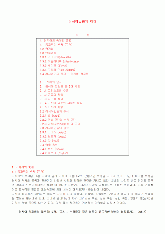 러시아문화의 이해 - 러시아의 축제와 러시아의 음식문화