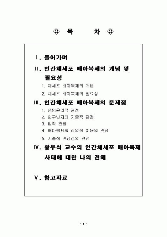 [생명과환경 (완성)]인간체세포 배아복제의 문제점 및 황우석 교수의 인간체세포 배아복제 사태에 대한 나의 생각(입장) 전개