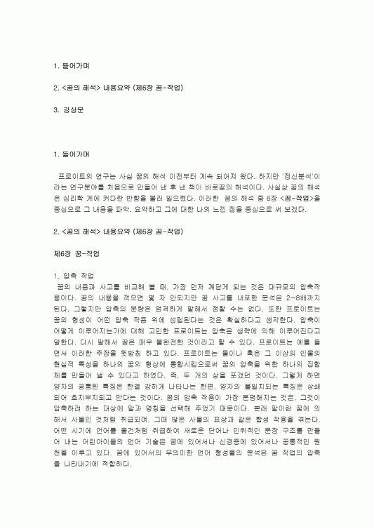 (동서양고전) 프로이드의 <꿈의해석> 내용요약 및 감상문(제 6 장을 중심으로)