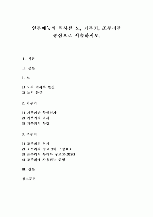 (일본문학의 흐름)일본예능의 역사를 노, 가부키, 조루리를 중심으로 서술하시오.