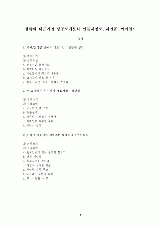[기업경영]한국의 대표기업 성공사례분석-민들레영토, 레인콤, 싸이월드