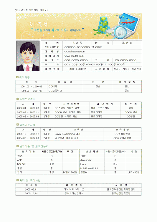 웹프로그램 신입사원 이력서