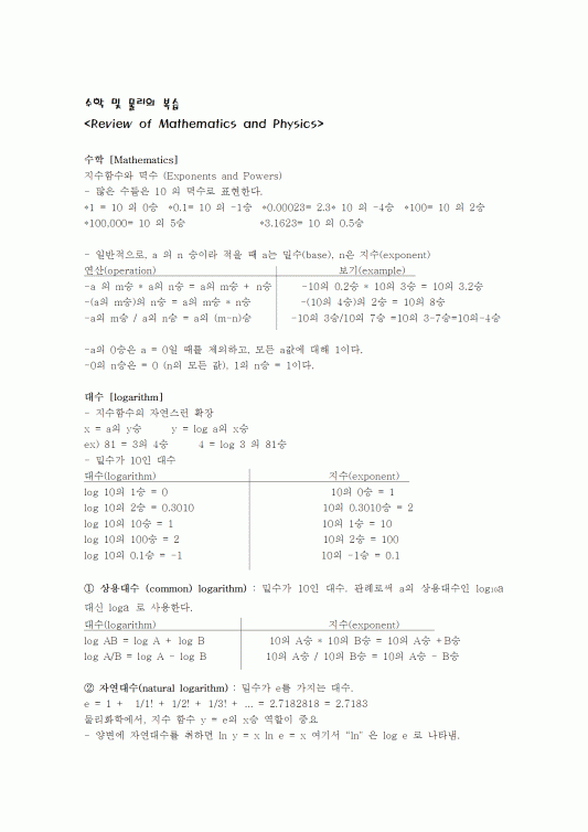 수학 및 물리의 복습(Review of Mathematics and Physics)