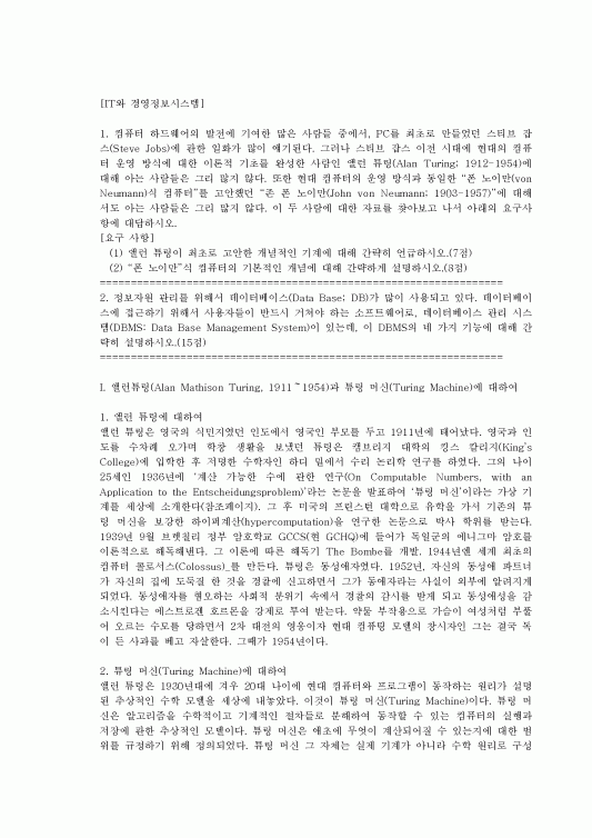 Report [IT와 경영정보시스템] 앨런 튜링의 개념적인 기계, 폰 노이만식 컴퓨터, DBMS의 네 가지 기능