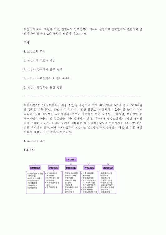 [생활과건강] 보건소의 조직, 역할과 기능, 간호사의 업무영역에 대하여 설명하고 간호업무와 관련하여 변화되어야 할 보건소의 방향에 대하여 기술하시오.