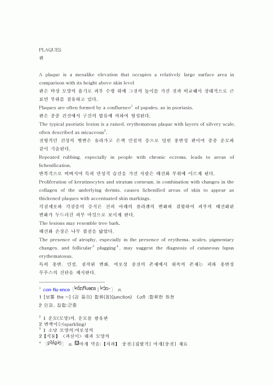 피부손상PLAQUES반 결절 영어 및 한글번역