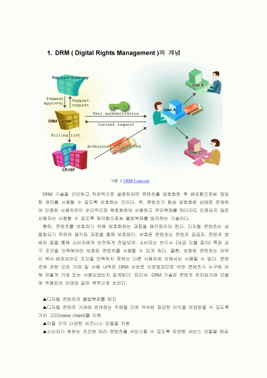 DRM의 기술에 따른 분류, 상품 및 현재 적용분야와 미래전망에 대해 논하시오.