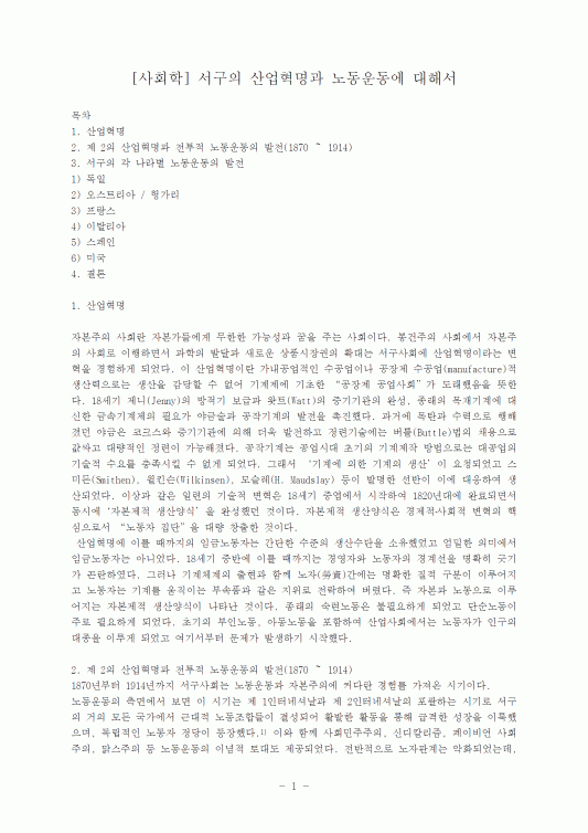 [사회학] 서구의 산업혁명과 노동운동에 대해서