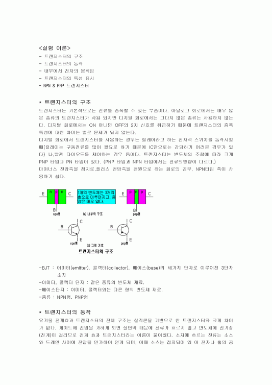 트랜지스터 트랜지스터의 구조 트랜지스터의 동작 트랜지스터의 특성 npn과 pnp형 내부전자
