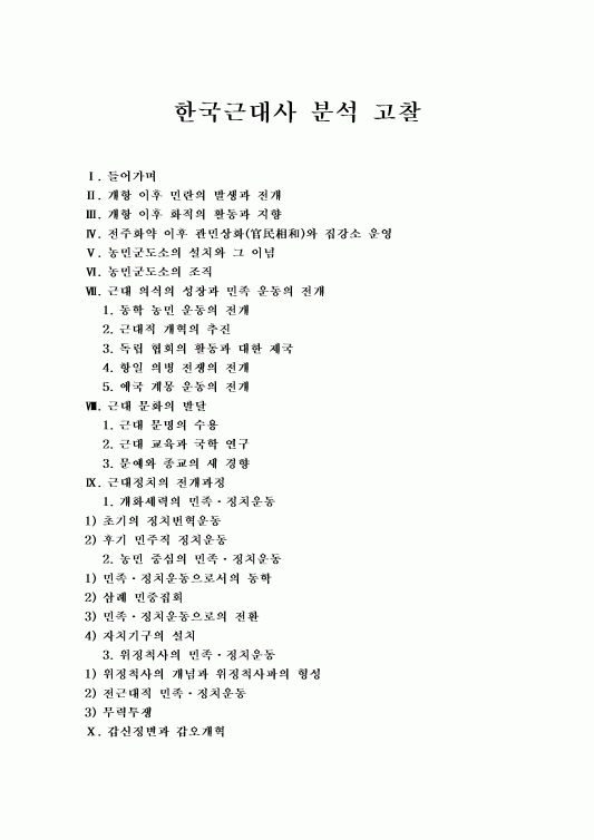 [한국근대사]한국근대사 분석 고찰(개항 이후 민란, 개항 이후 화적, 농민군도소의 조직, 근대의식의 성장과 민족운동 전개, 근대문화 발달, 근대정치 전개, 갑신정변과 갑오개혁, 한국 근대사 대표적 사건들)