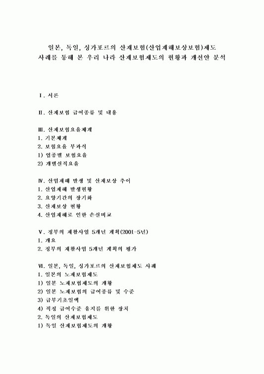 [산재보험][산업재해보상보험][산재보험제도][산업재해보상보험제도]일본, 독일, 싱가포르의 산재보험(산업재해보상보험)제도 사례를 통해 본 우리 나라 산재보험제도의 현황과 개선안 분석(산업재해보상보험)
