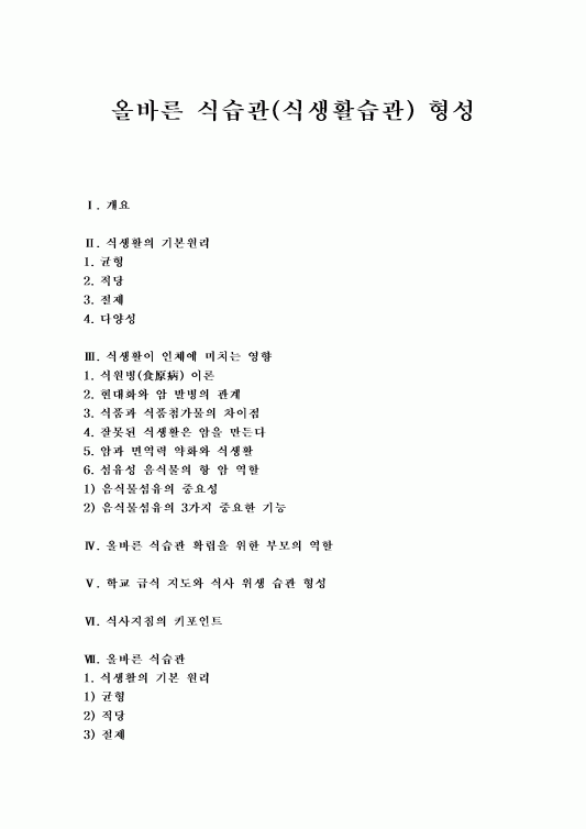 [식생활][식습관][식생활습관]식생활의 기본원리, 식생활이 인체에 미치는 영향, 올바른 식습관 확립을 위한 부모의 역할, 학교급식지도와 식사위생습관 형성, 식사지침의 키포인트, 올바른 식습관 분석