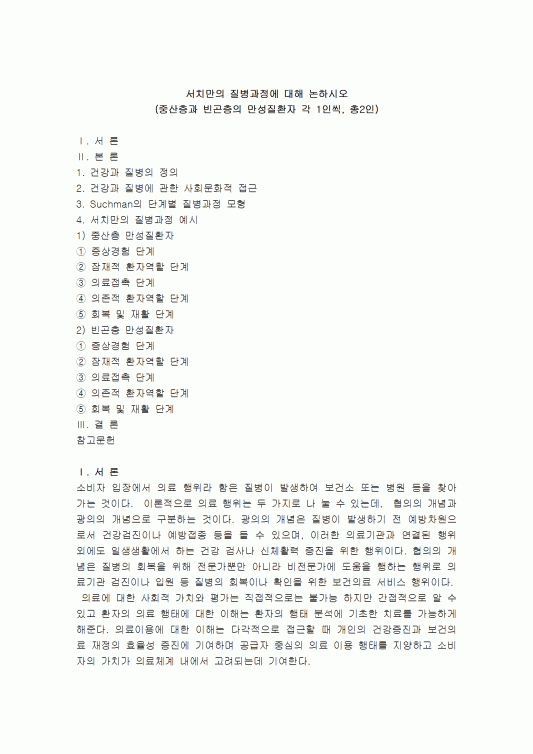 <간호학특론> 서치만의 질병과정에 대해 논하시오 (중산층과 빈곤층의 만성질환자 각 1인씩, 총2인)