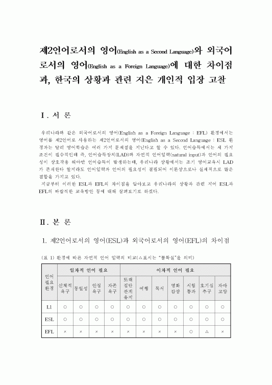 제2언어로서의 영어(English as a Second Language)와 외국어로서의 영어(English as a Foreign Language)에 대한 차이점과, 한국의 상황과 관련 지은 개인적 입장 고찰