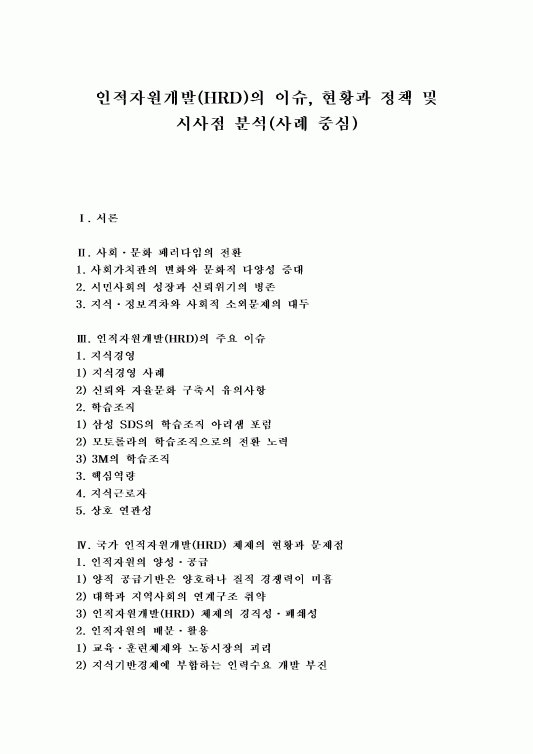 [인적자원개발][HRD]인적자원개발(HRD) 이슈, 현황과 정책 및 시사점 분석(사례 중심)(인적자원개발(HRD) 주요이슈, 국가 인적자원개발(HRD) 체제 현황,문제점, 인적자원개발(HRD) 4가지 정책방향)