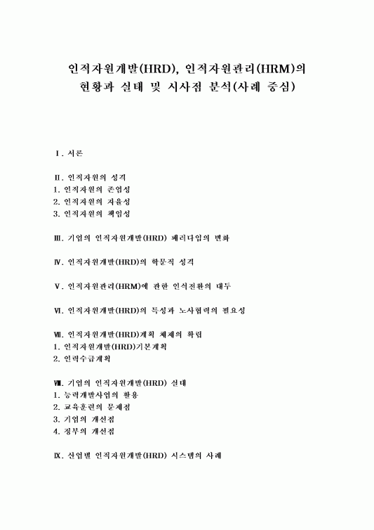 인적자원개발(HRD) 학문적 성격, 인적자원관리(HRM) 인식전환, 인적자원개발(HRD) 특성, 인적자원개발(HRD)계획 체제확립, 산업별 인적자원개발(HRD) 시스템 사례, 미국 인적자원개발(HRD) 분석