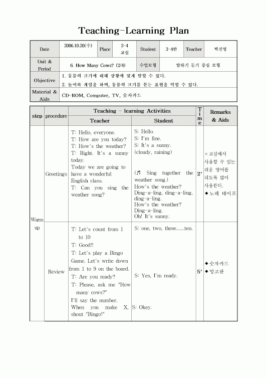 초등영어과 3학년 3차시분량 지도안