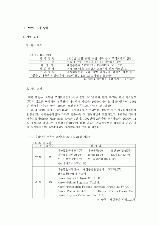 대한통운의 물류 및 운송
