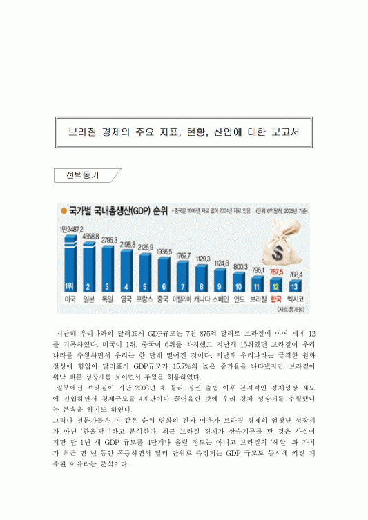 브라질 경제의 주요 지표, 현황, 산업에 대한 보고서