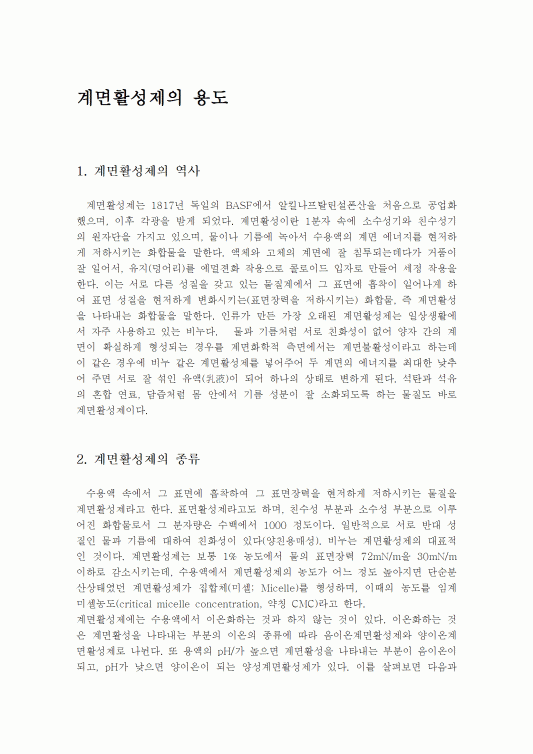 계면활성제의 용도fp, 역사, 종류, 구조, 성질/작용, 사용범위, 비누의 계면활성제 활용