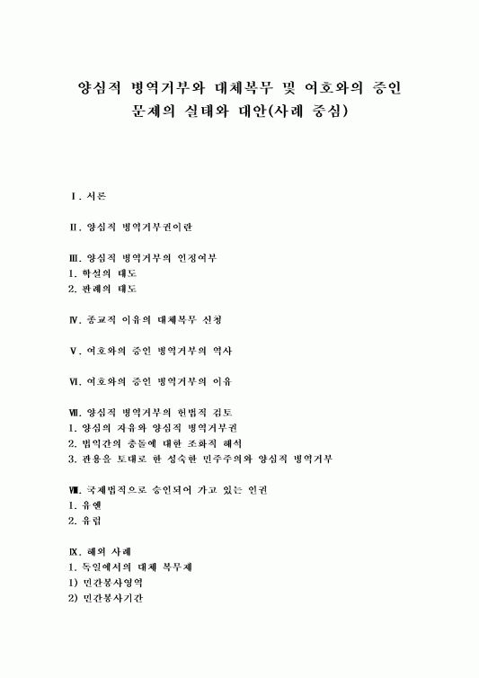 양심적 병역거부권이란, 양심적 병역거부의 인정여부, 종교적 이유의 대체복무 신청, 여호와의 증인 병역거부의 역사, 여호와의 증인 병역거부의 이유, 양심적 병역거부의 헌법적 검토, 해외 사례, 대안 분석