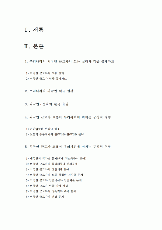 외국인 근로자 고용실태 및 외국인 근로자 고용이 우리 사회에 미치는 영향과 바람직한 고용정책(한국사회문제 C형)