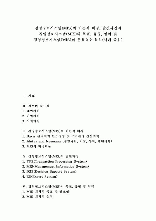 정보의 중요성, 경영정보시스템(MIS)의 이론적 배경, 경영정보시스템(MIS)의 발전과정, 경영정보시스템(MIS)의 목표, 유형 및 영역, 경영정보시스템(MIS)의 운영요소, 경영정보시스템(MIS) 사례 분석