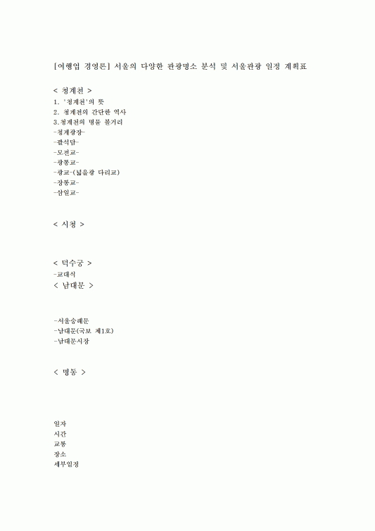 [여행업 경영론] 서울의 다양한 관광명소 분석 및 서울관광 일정 계획표