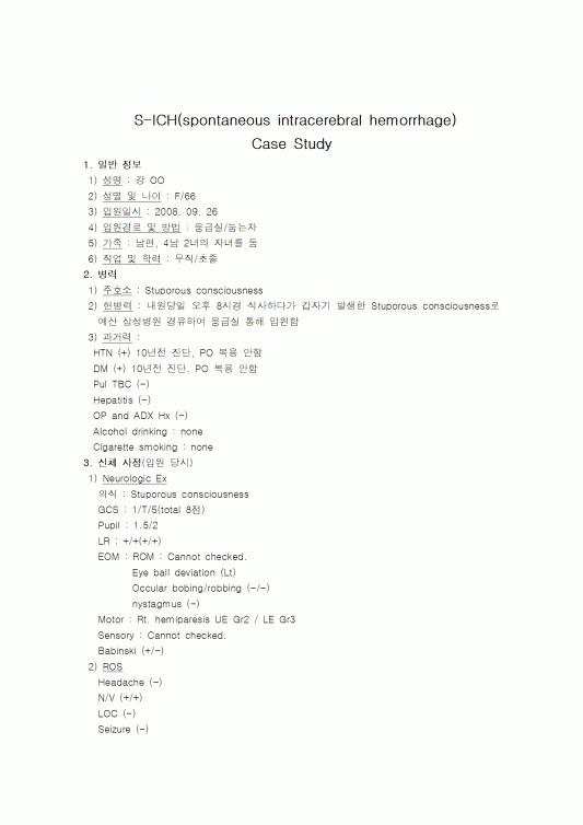 자발성 뇌출혈(spontaneous intracerebral hemorrhage) case study