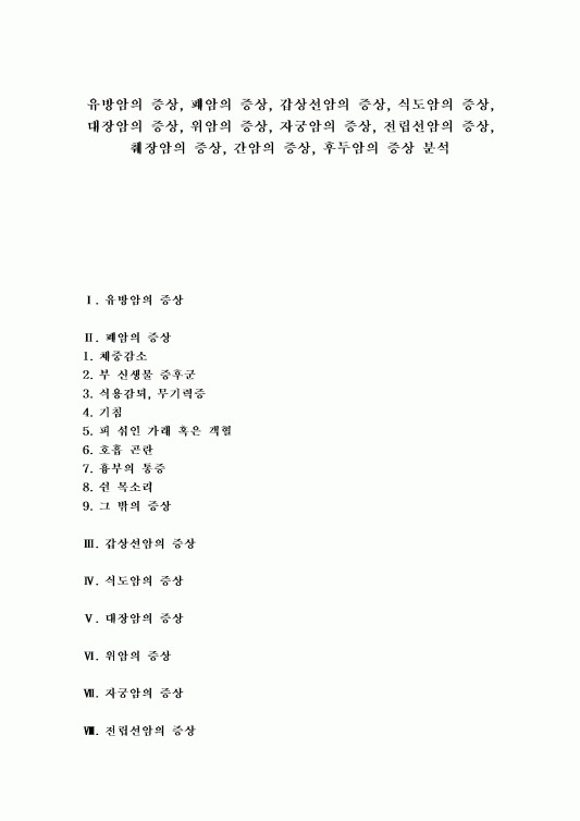 [암][암 증상][유방암][폐암][갑상선암]유방암의 증상, 폐암의 증상, 갑상선암의 증상, 식도암의 증상, 대장암의 증상, 위암의 증상, 자궁암의 증상, 전립선암의 증상, 췌장암의 증상, 간암의 증상, 후두암의 증상