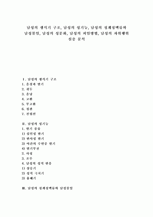 [남성][생식기][성기능][정계정맥류][남성불임][성문화][피임방법][자위행위]남성의 생식기 구조, 남성의 성기능, 남성의 정계정맥류와 남성불임, 남성의 성문화, 남성의 피임방법, 남성의 자위행위 분석