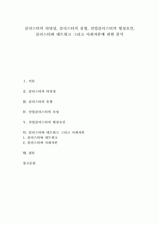 [클러스터][클러스터 유형][산업클러스터 형성요인][클러스터와 네트워크][사회자본]클러스터의 타당성, 클러스터의 유형, 산업클러스터의 형성요인, 클러스터와 네트워크 그리고 사회자본에 관한 분석