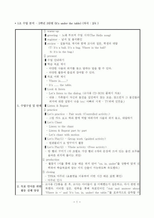 초등영어교육 수업분석 레포트