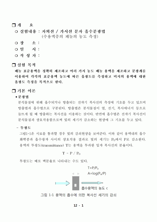자외선 - 가시선 분자 흡수분광법 결과보고서
