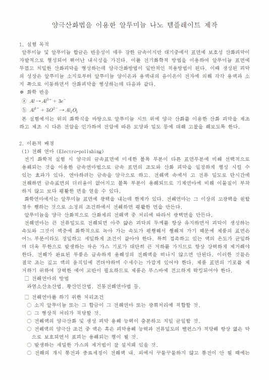 양극산화법을 이용한 알루미늄 나노 템플레이트 제작