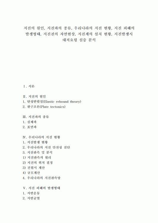 [지진][지진파][지진피해][지진계][지진발생][지진대처]지진의 원인, 지진파의 종류, 우리나라의 지진 현황, 지진 피해의 발생형태, 지진전의 자연현상, 지진계의 설치 현황, 지진발생시 대처요령 심층 분석