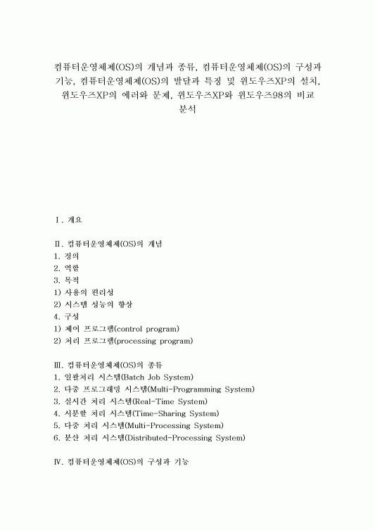 컴퓨터운영체제(OS)의 개념과 종류, 컴퓨터운영체제(OS)의 구성과 기능, 컴퓨터운영체제(OS)의 발달과 특징 및 윈도우즈XP의 설치, 윈도우즈XP의 에러와 문제, 윈도우즈XP와 윈도우즈98의 비교 분석